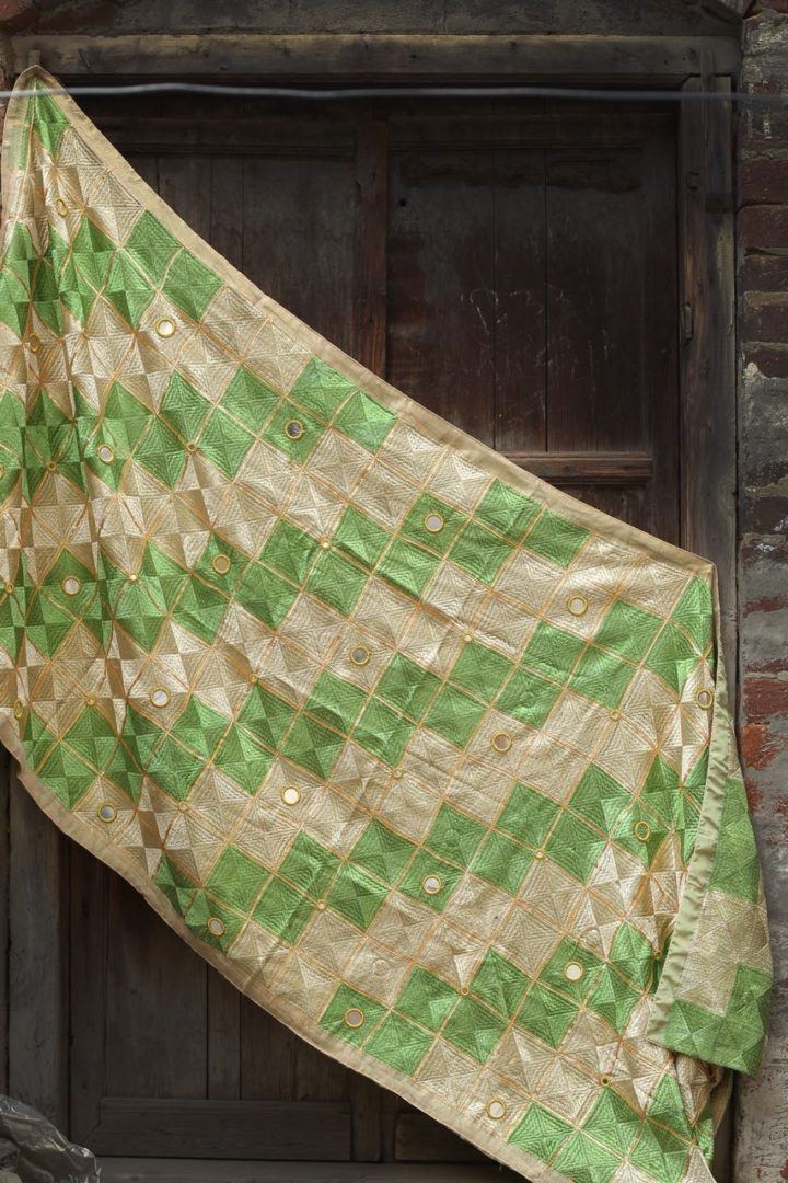 Emerald Green Light Peanut Color - Mirror Work Phulkari - Ehutty